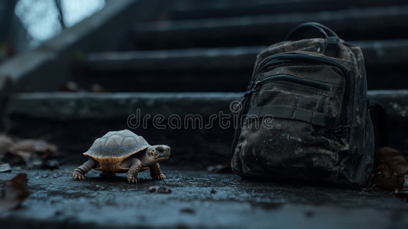A Small Turtle Walks on a Concrete Surface Next To a Worn Backpack ...