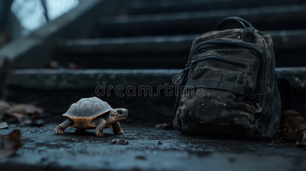A Small Turtle Walks on a Concrete Surface Next To a Worn Backpack ...