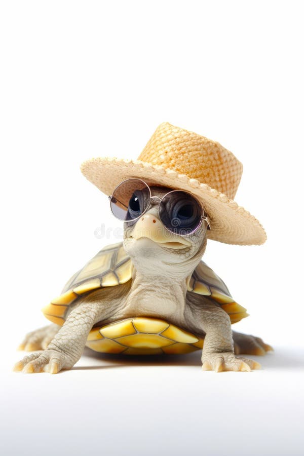 Small Turtle Wearing Straw Hat and Sunglasses Sitting on Top of Turtle ...