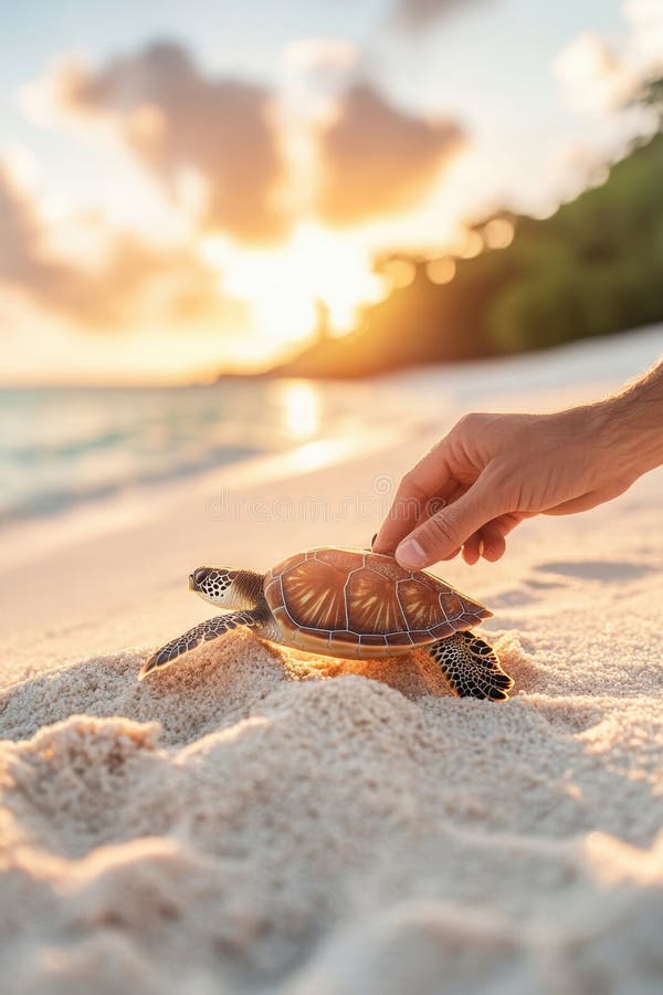 Small Turtle on White Sand Being Touched by Hand on a Beach at Sunset ...