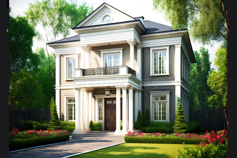 Small Two-storey Mansion in American Style House Exterior with White ...