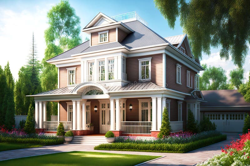 Small Two-storey Mansion in American Style House Exterior with White ...