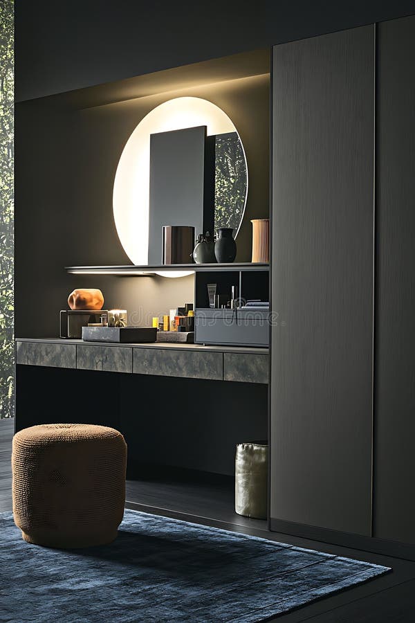 A Small Vanity with a Mirror and a Round Light Above it Stock Image ...