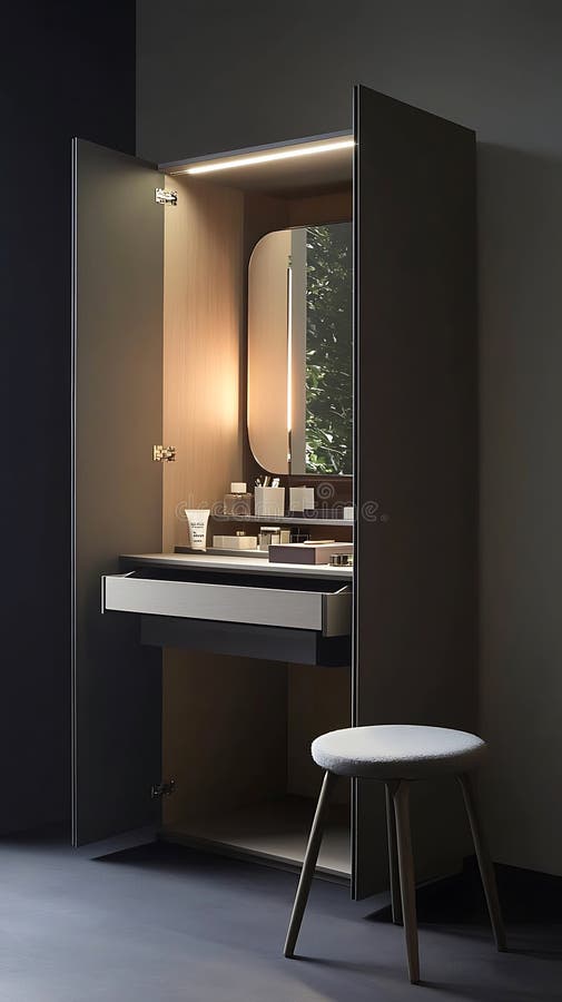 A Small Vanity with a Mirror and a Stool Stock Photo - Image of ...