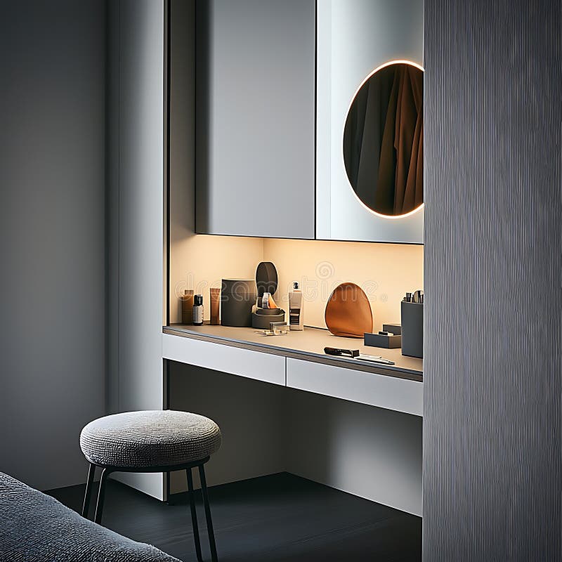 A Small Vanity with a Mirror and a Stool Stock Photo - Image of indoor ...