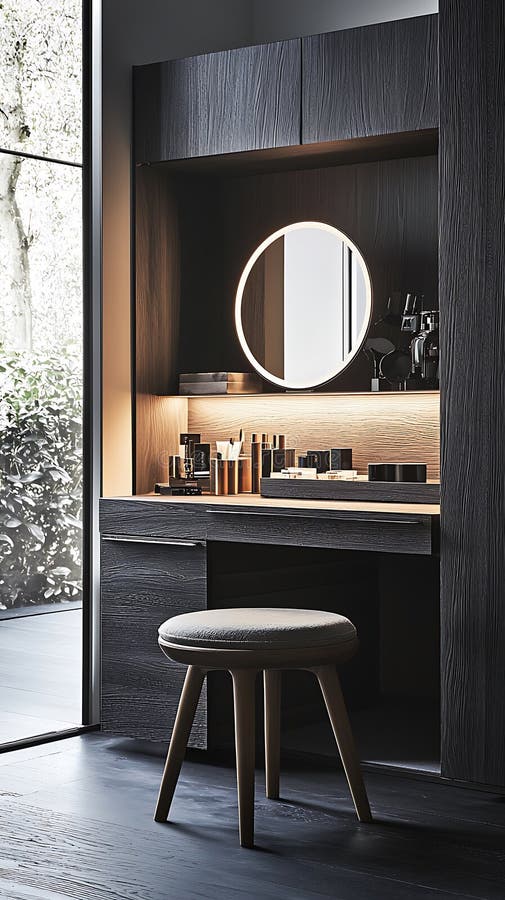 A Small Vanity with a Mirror and a Stool Stock Photo - Image of clean ...