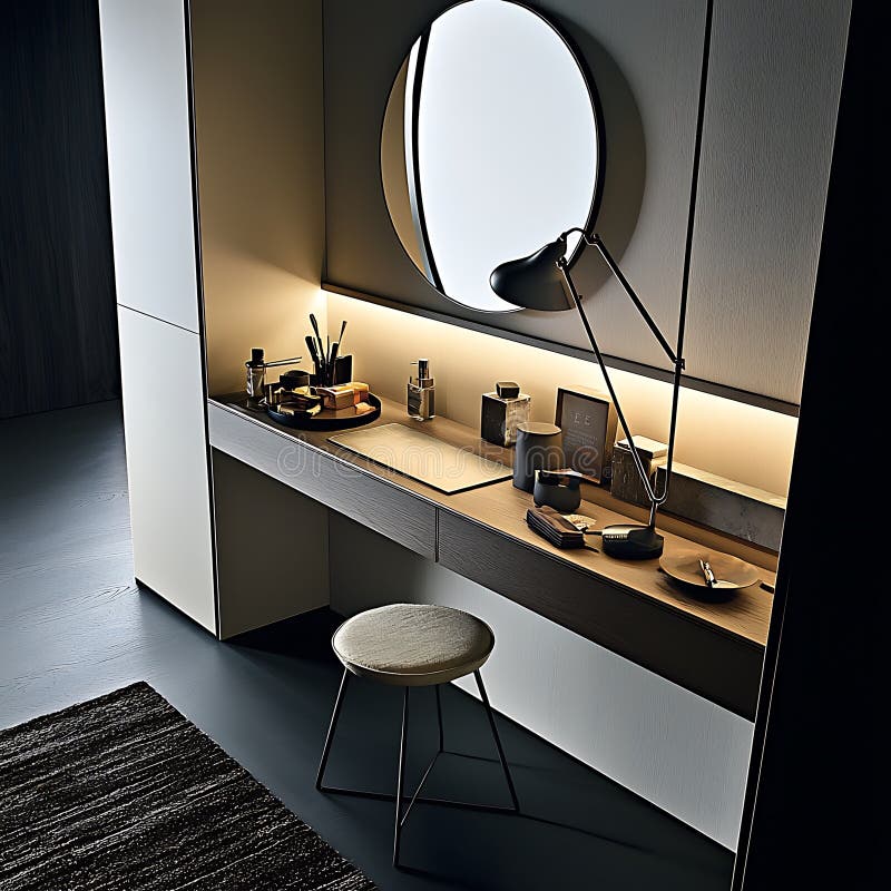 A Small Vanity with a Mirror and a Stool Stock Image - Image of bottle ...