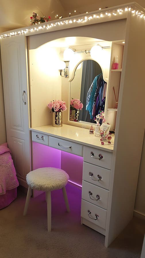 A Small Vanity with a Pink Stool and a Pink Mirror Stock Photo - Image ...
