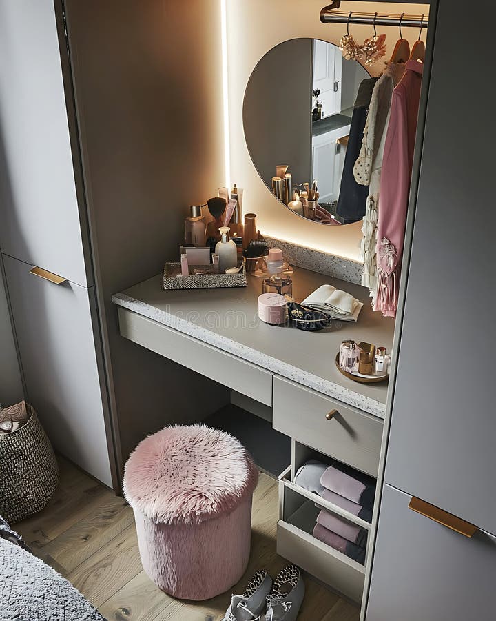A Small Vanity with a Pink Stool and a Pink Rug Stock Image - Image of ...