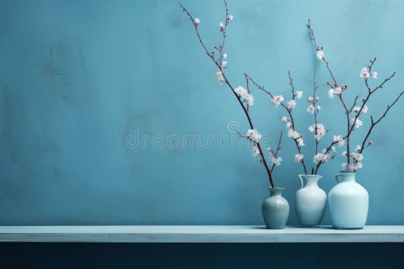 Small Vases with Delicate Cherry Blossom Tree Branches Isolated on Blue ...