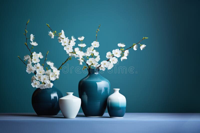 Small Vases with Delicate Cherry Blossom Tree Branches Isolated on Navy ...