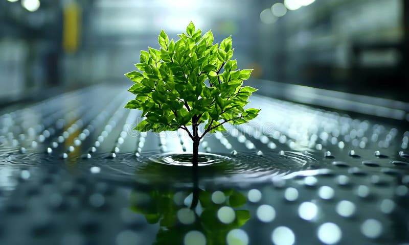 Small, Vibrant Green Tree in a Circular Puddle on a Metallic Surface ...