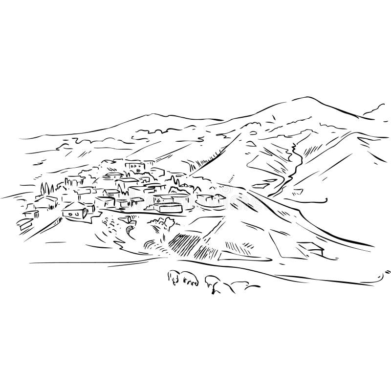 Small Village in Front of the Mountains Sketch Vector Illustration ...