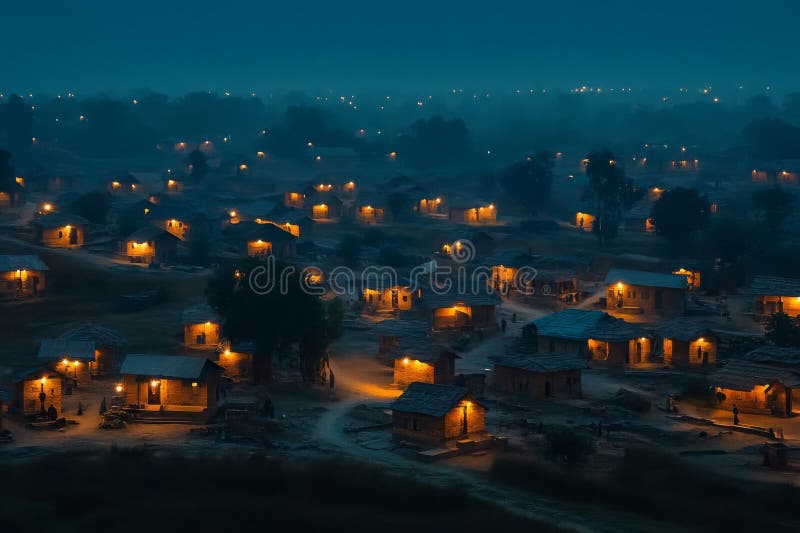 A Small Village Illuminated by the Night Sky Stock Illustration ...