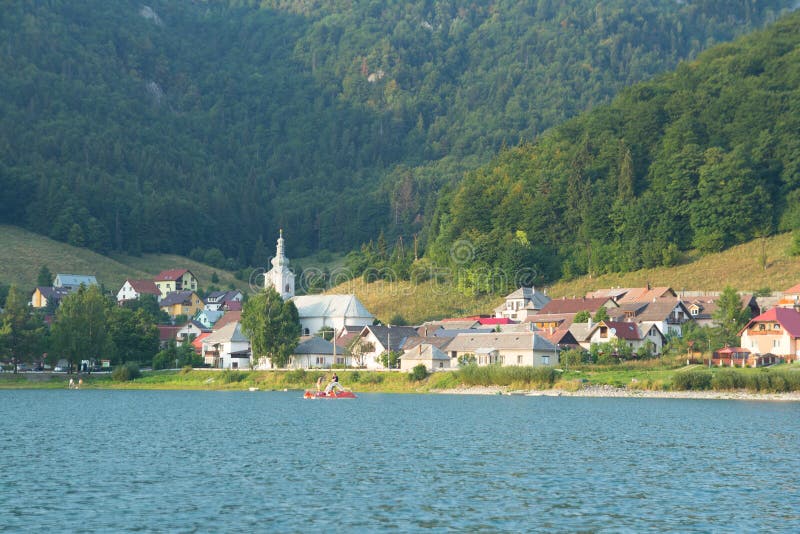 Small Village with Lake and Forest Stock Image - Image of river, pond ...