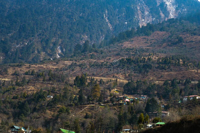 A Small Village in a Mountain Valley. Landscape View from Distance ...