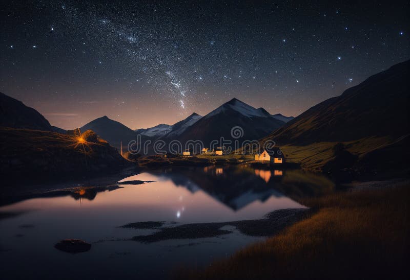 Small Village in the Mountains at Night. AI Generated Stock Photo ...