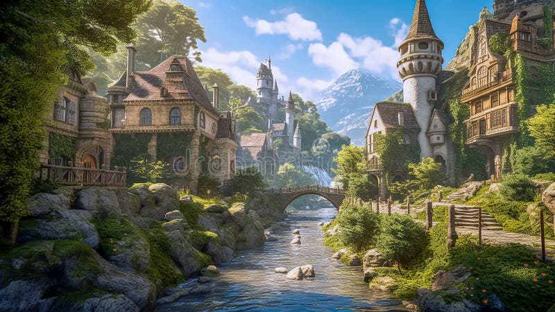 A Small Village by a Stream of Water in the Woods, Generative AI Stock ...