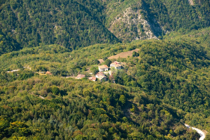 Small Village Surrounded by Forest and Mountains Stock Photo - Image of ...