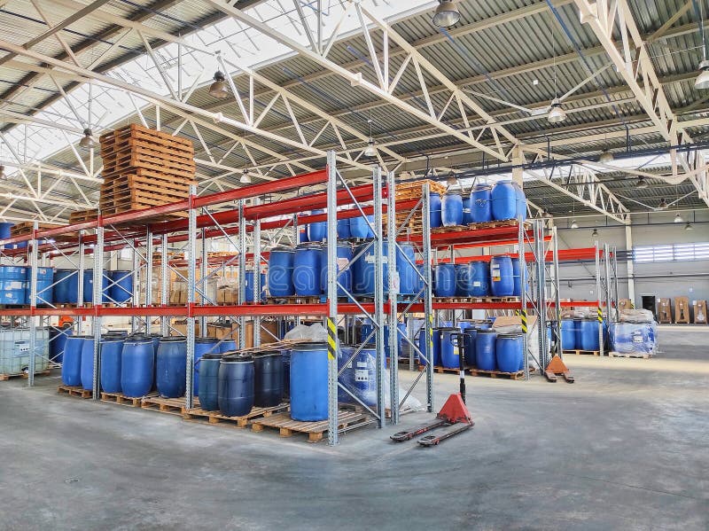 Small Warehouse with Shelves and Barrels. Place of Storage of Goods and ...