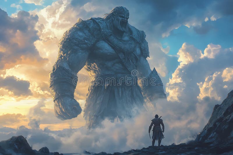 A Small Warrior Faces a Giant Stone Colossus in the Clouds Stock Photo ...