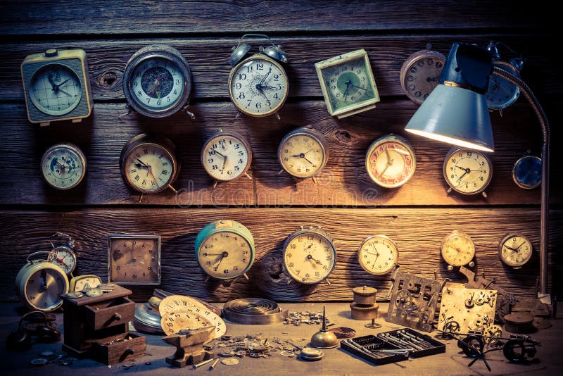Small Watchmaker`s Room with Spare Parts of Clocks Stock Photo - Image ...