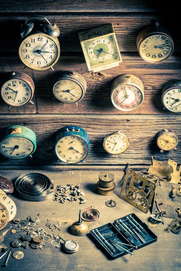 Small Watchmaker S Workshop with Parts of Clocks Stock Photo - Image of ...