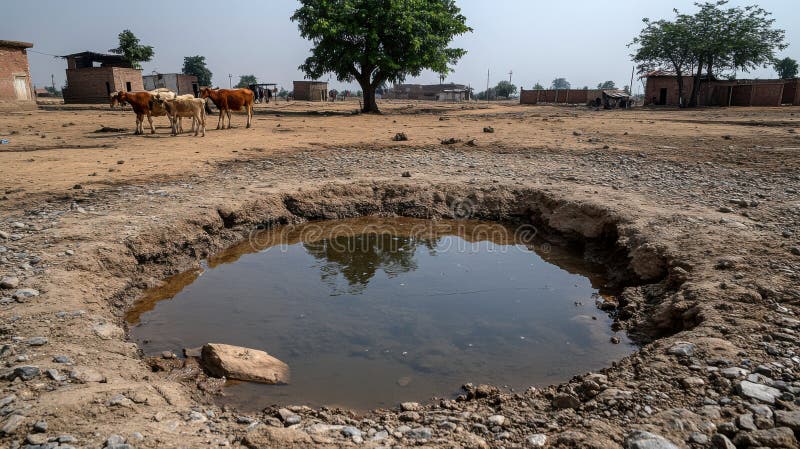 Small Water Puddle in Dry Arid Land with Cows in Background Stock Image ...