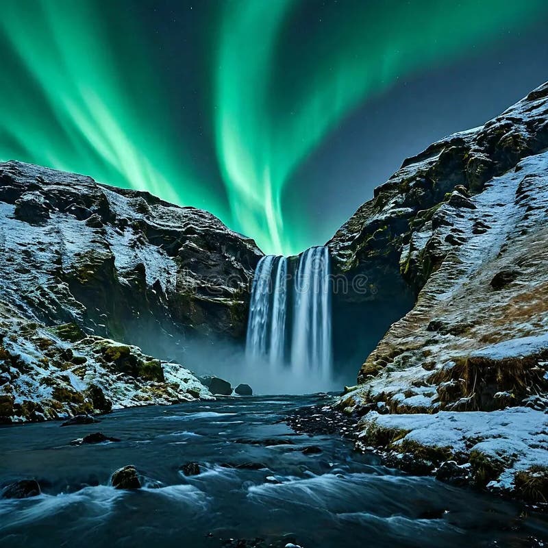 Waterfall Against Backdrop Northern Lights Stock Photos - Free ...