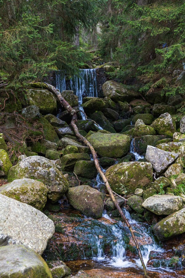 Waterfall As Small Stream Running Down through Stones in Mountains Next ...