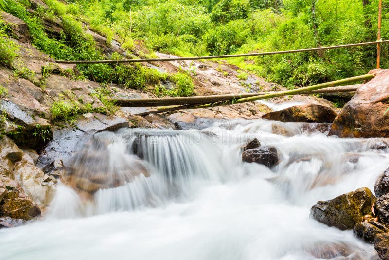 Small Waterfall and Bamboo Bridge in Rain Forest. Umpang, Thailand ...