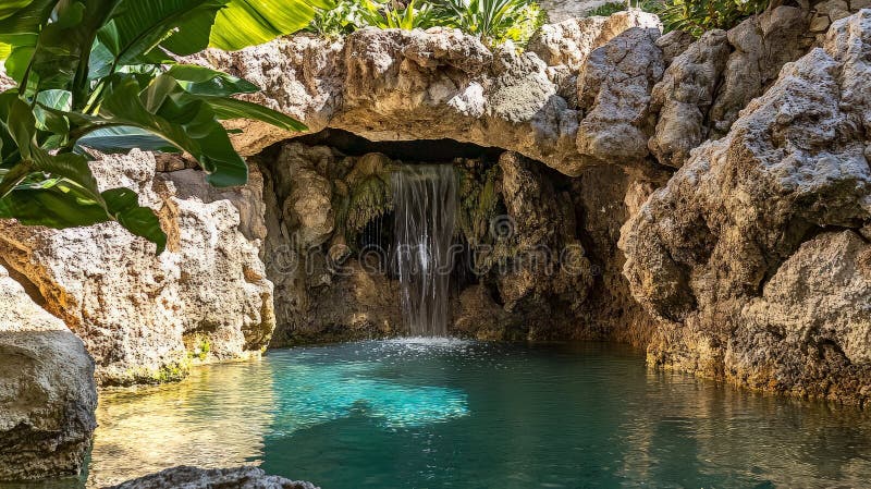 A Small Waterfall Cascades into a Crystal-clear Pool Surrounded by Lush ...