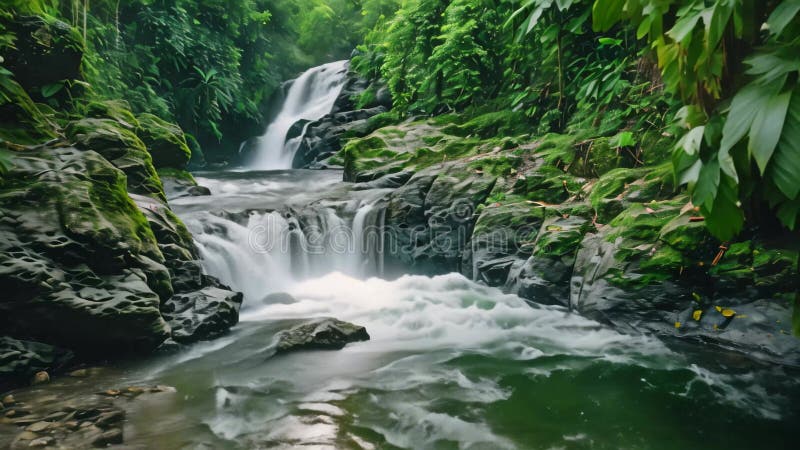A Small Waterfall Cascades Down a Rocky Ledge Amidst the Lush Greenery ...