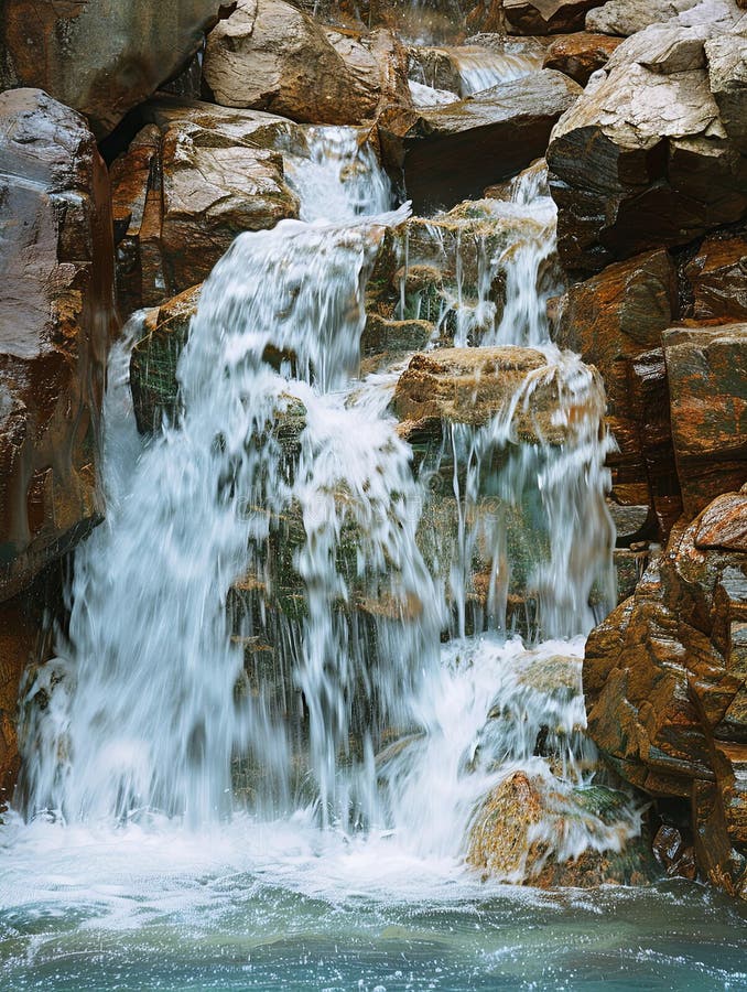 A Small Waterfall Cascades Gracefully Down a Cluster of Rocks in a ...