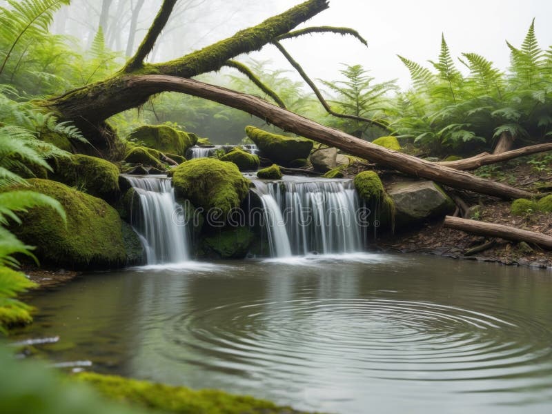 Small Waterfall Cascades Over Rocks into Serene Pond Peaceful ...