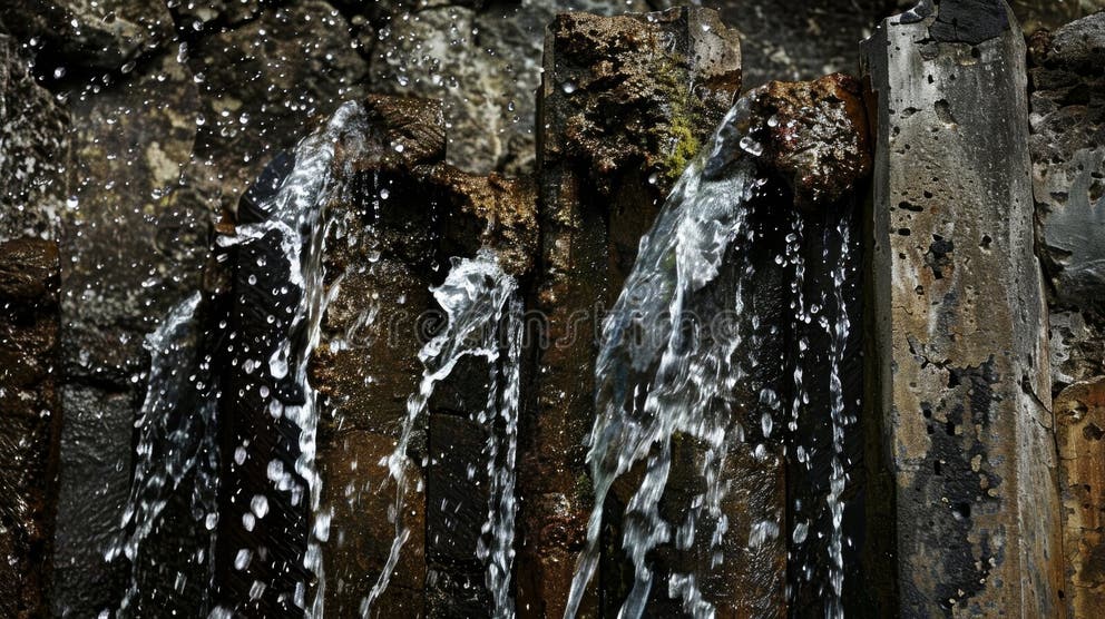 A Small Waterfall Cascading Down a Wall of Columnar Basalt with Drops ...