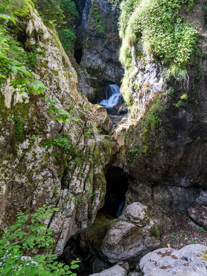 Small Waterfall Cascading through Moss Covered Rocks in Forest Stock ...