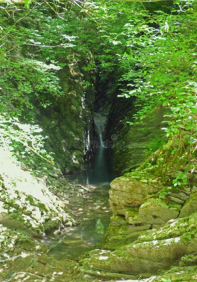Small Waterfall Far in the Dark Canyon Stock Image - Image of fall ...