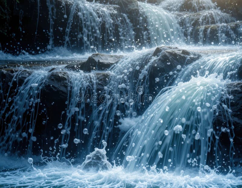 A Small Waterfall Flowing Over Dark Stones. Clear Bluish Water Forms ...