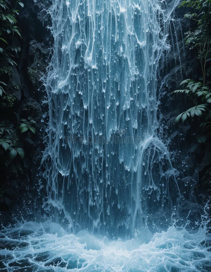 A Small Waterfall Flowing Over Dark Stones. Clear Bluish Water Forms ...