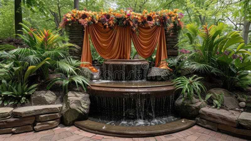 A Small Waterfall Flows Beneath a Floral Arch Decorated with Orange ...