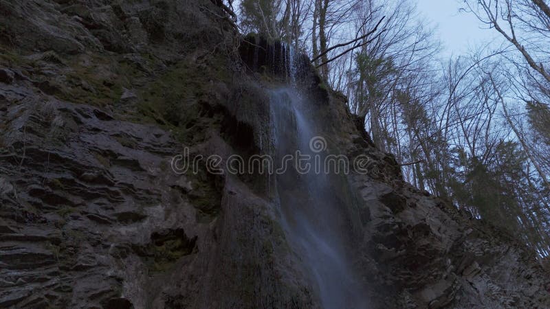 A Small Waterfall Flows Down a Rugged Rock Face in a Dense Forest Stock ...