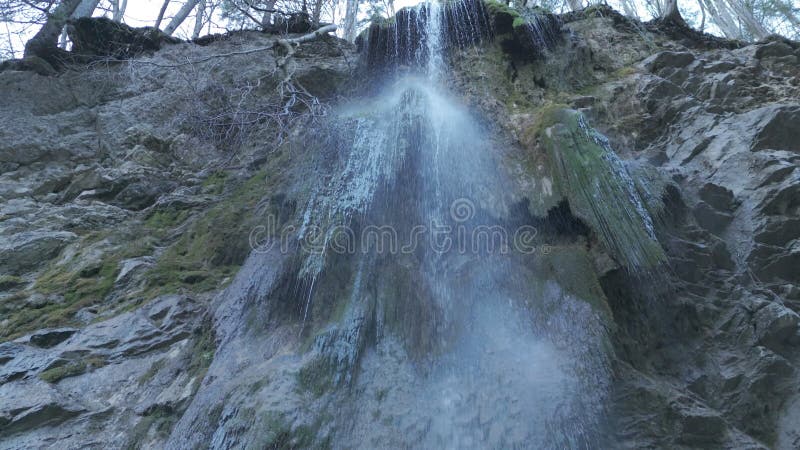 A Small Waterfall Flows Down a Rugged Rock Face in a Dense Forest Stock ...