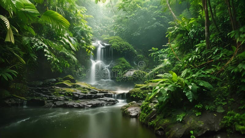 A Small Waterfall Flows Gently Amidst a Dense Forest, Creating a ...