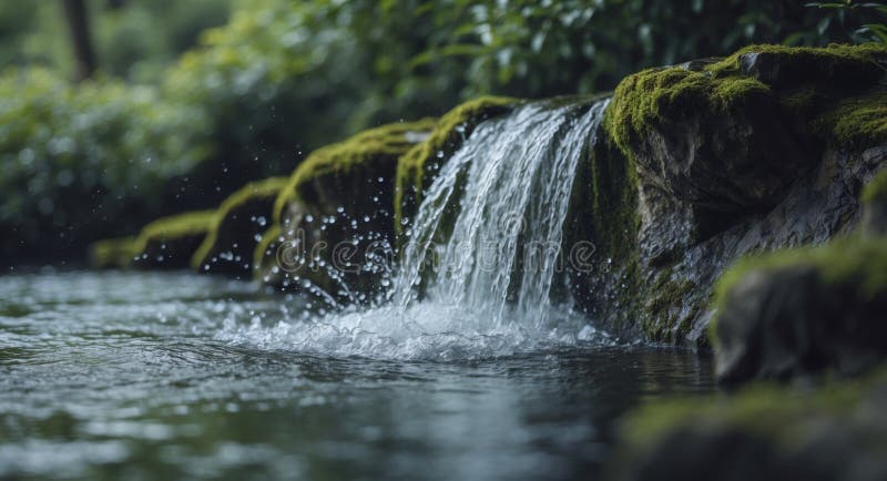 Small Waterfall Flows Over Rock Creating Dynamic Cascade and Splashes ...