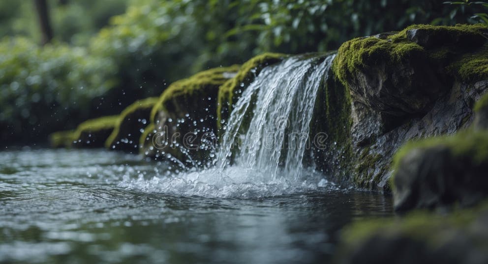 Small Waterfall Flows Over Rock Creating Dynamic Cascade and Splashes ...