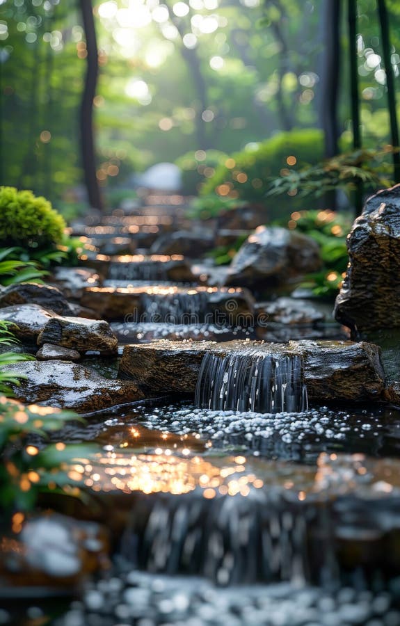 Small Waterfall Flows through the Stones in the Park Stock Image ...