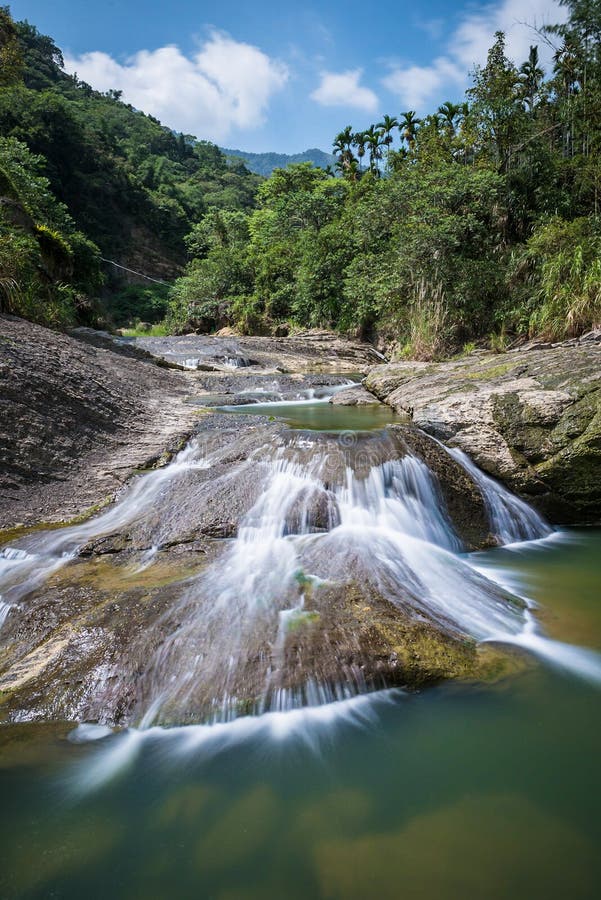 Small Waterfall in the Jungle in Taiwan Under a Blue Sky Sunny Day ...