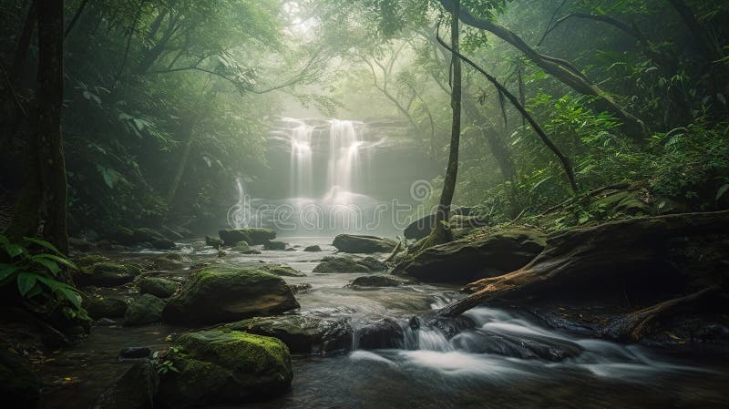 A Small Waterfall in the Middle of a Forest Filled with Rocks Stock ...