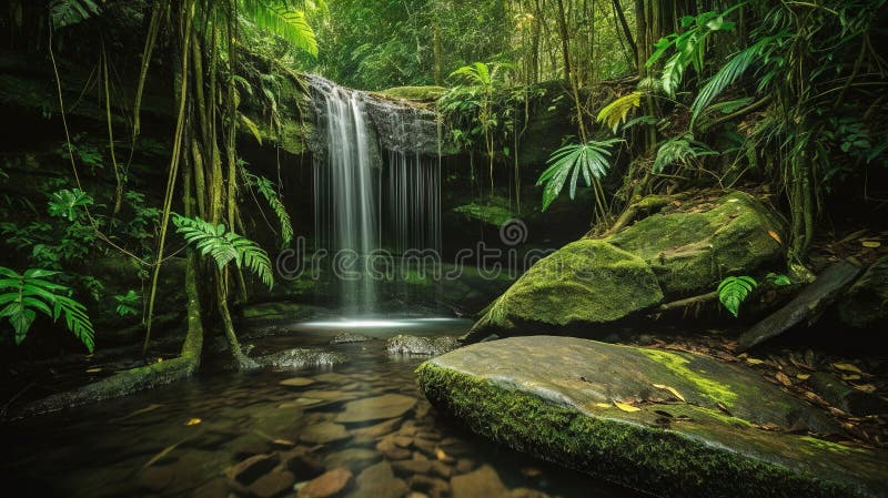 A Small Waterfall In The Middle Of A Forest Filled With Trees Stock